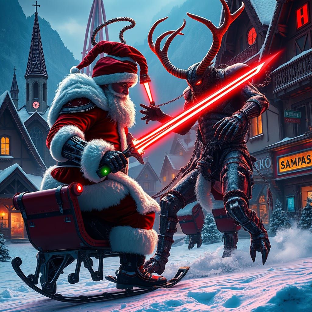 Cyberpunk Santa Faces Cyber-Krampus in Epic Battle - AI Art