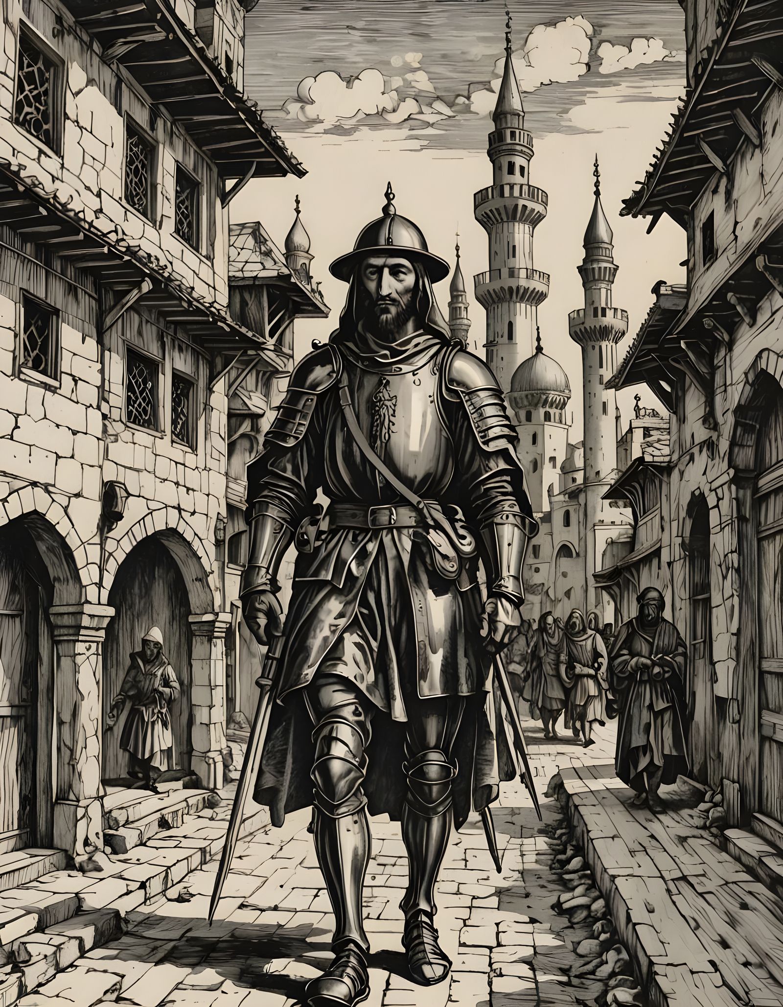Renaissance Soldier Stands Guard in Arabian Alley ... - AI Art