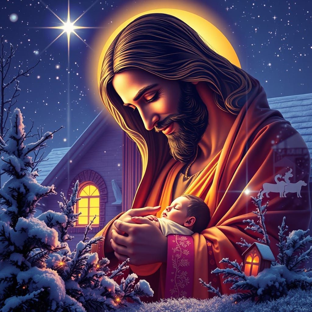 Benevolent Jesus Watches Over Family in Festive Ni... - AI Art