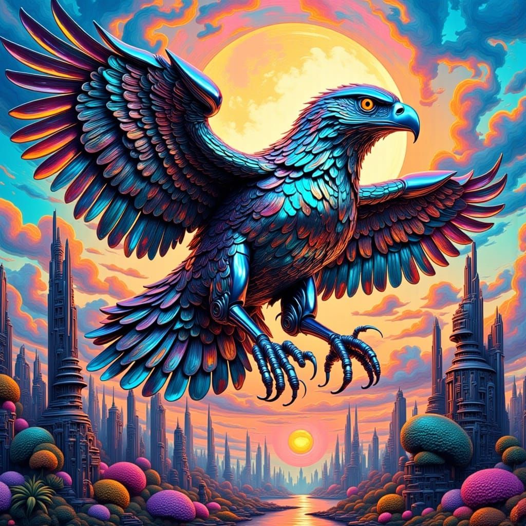 Sci-fi Portrait of a cyborg eagle, flying above a futuristic building ...