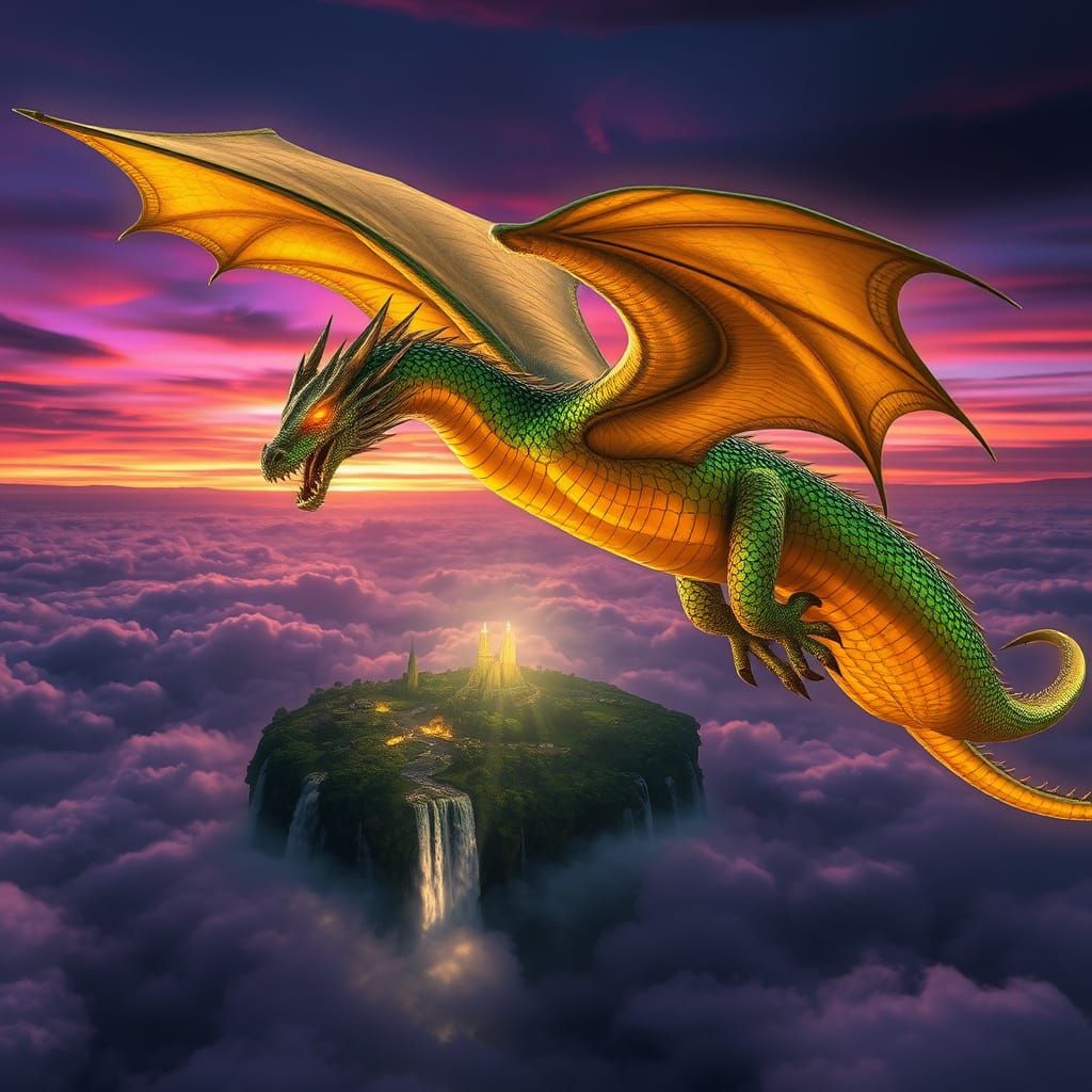 Majestic Emerald Gold Dragon Soars Through Vibrant... - AI Art
