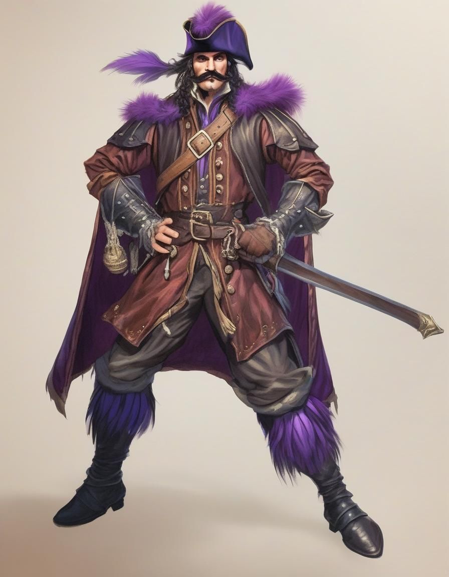 Dashing half-elf pirate with cavalier hat with purple plumes in cap ...