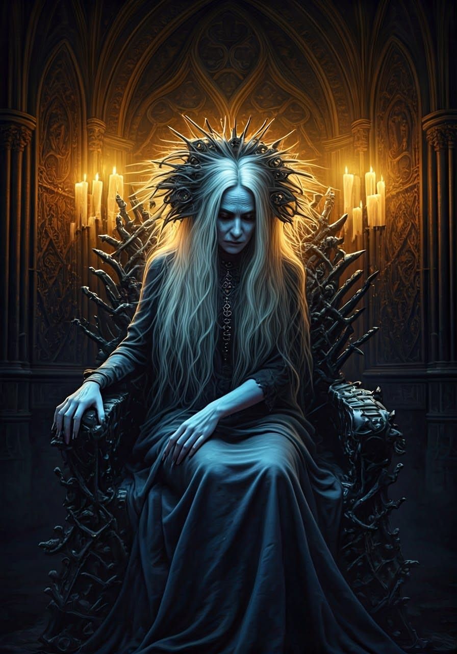 A pale-blue-skinned, statuesque Gothic demon queen with aged, macabre ...
