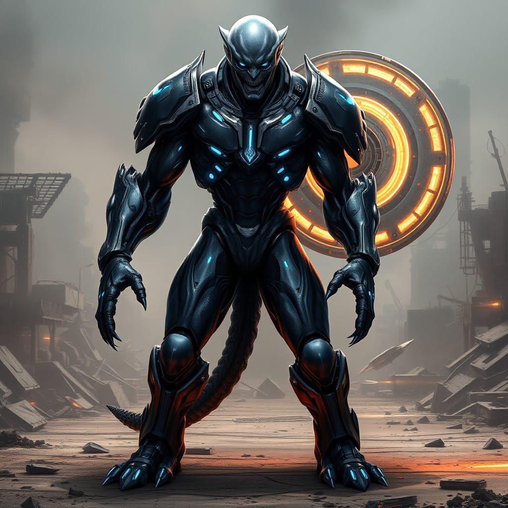 Biomechanical Alien Boss in Dark Metallic Armor - AI Art