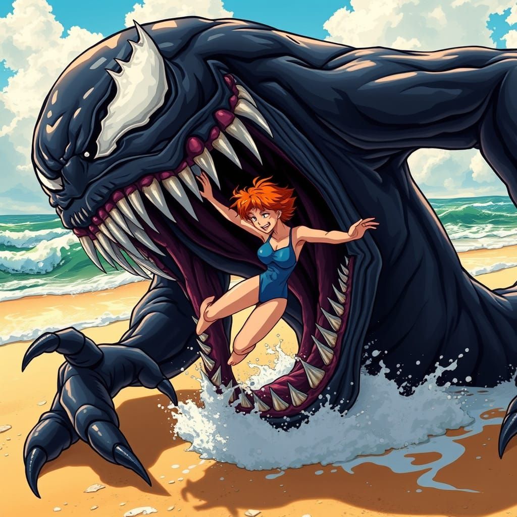Giant Venom Symbiote Engulfs Tiny Heroine in Beach... - AI Art