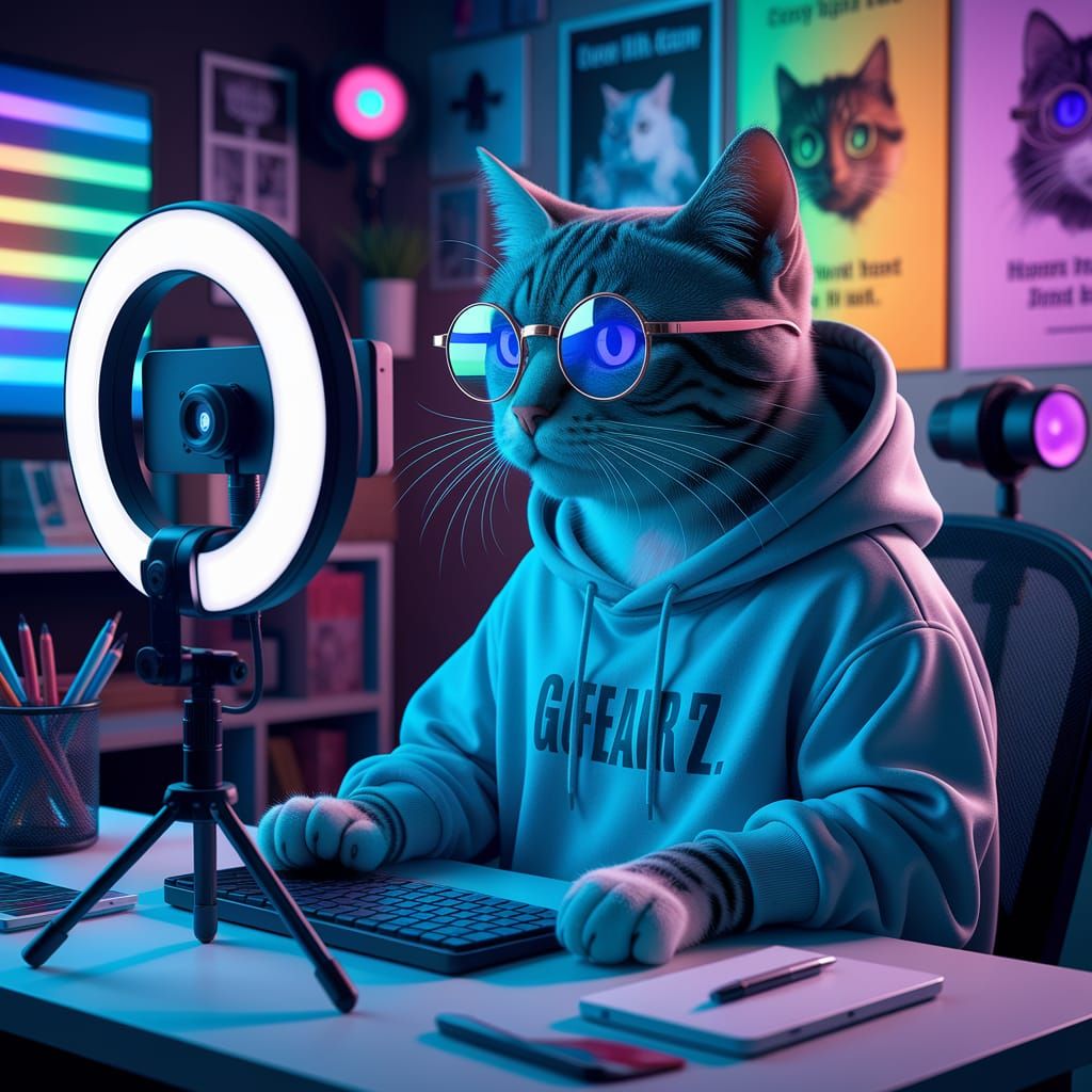 Gen Z Cat Influencer Records Video as Splash Art - AI Art