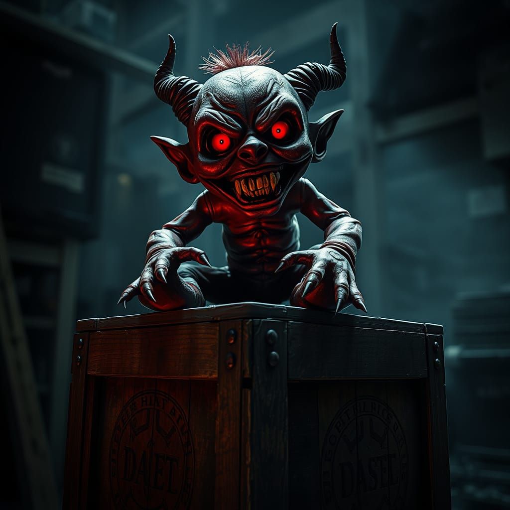 A photo of an evil, demonic haunted red doll with glowing red eyes and ...