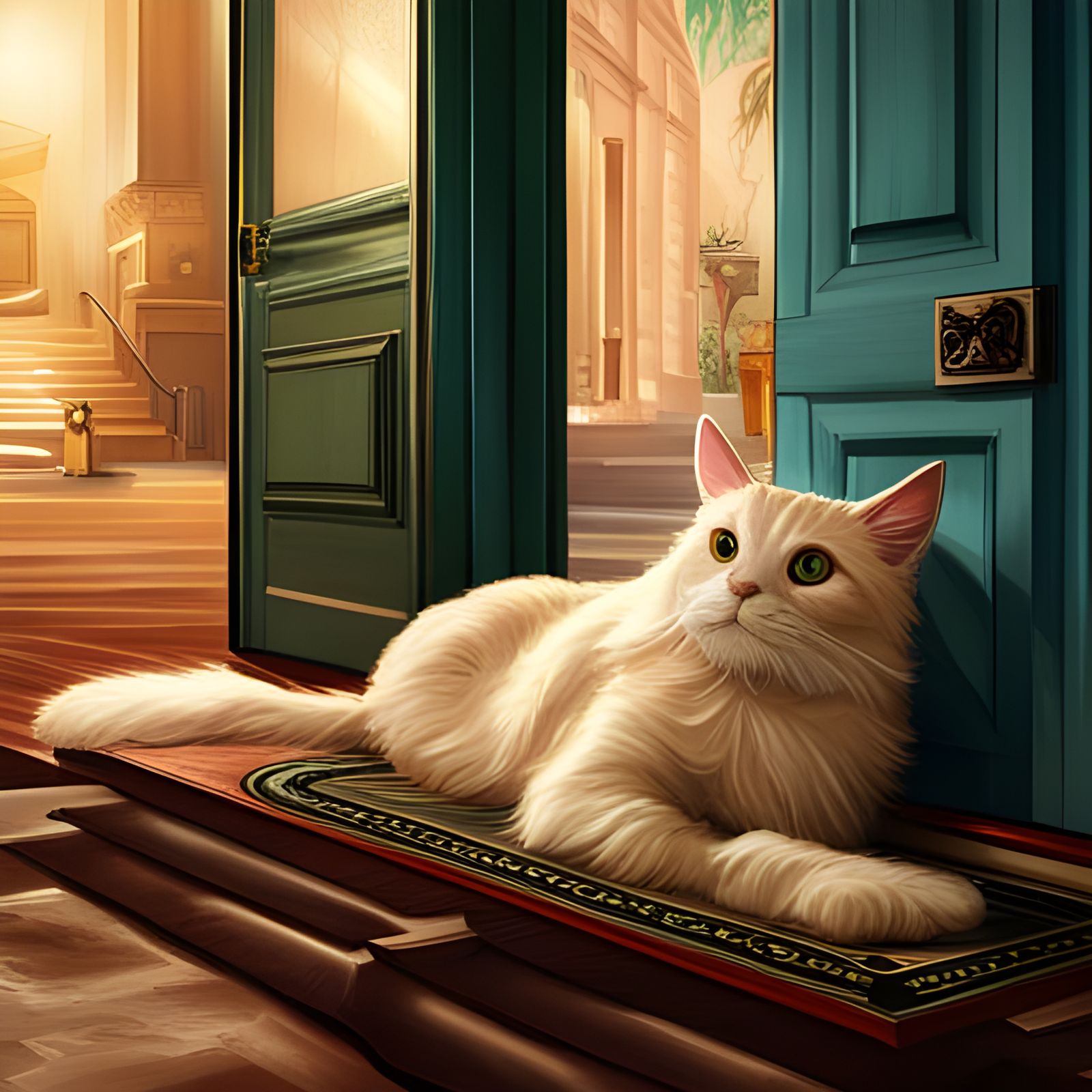 a tappy, blonde cat is laying on the doormat in front of a door of a ...