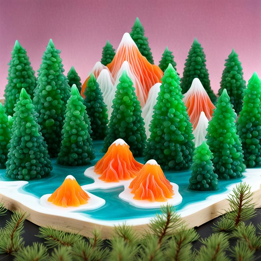 jelly sculpture, mountains and pine trees - AI Generated Artwork ...