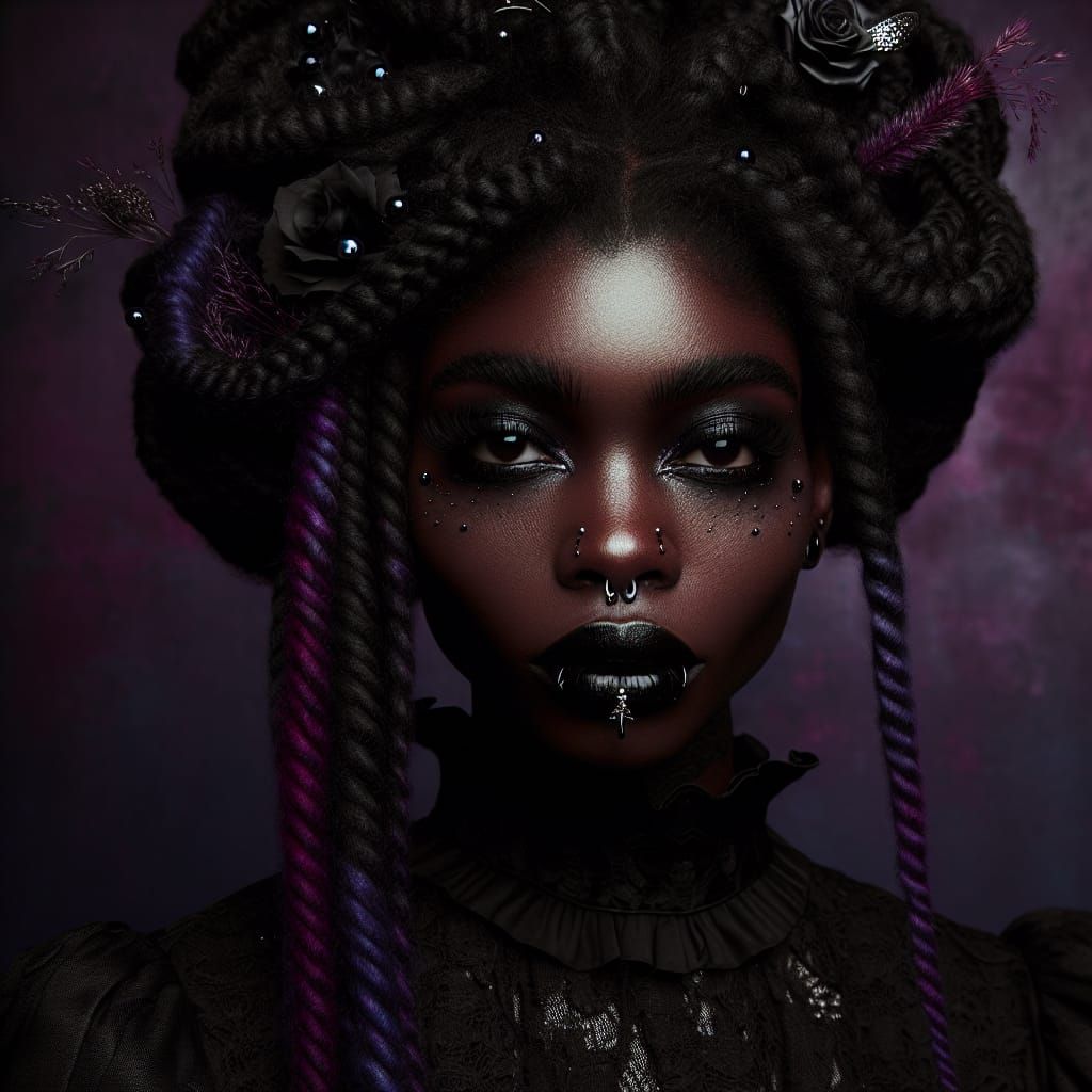 A striking, dark-skinned woman with a bold and unique gothic style. Her ...