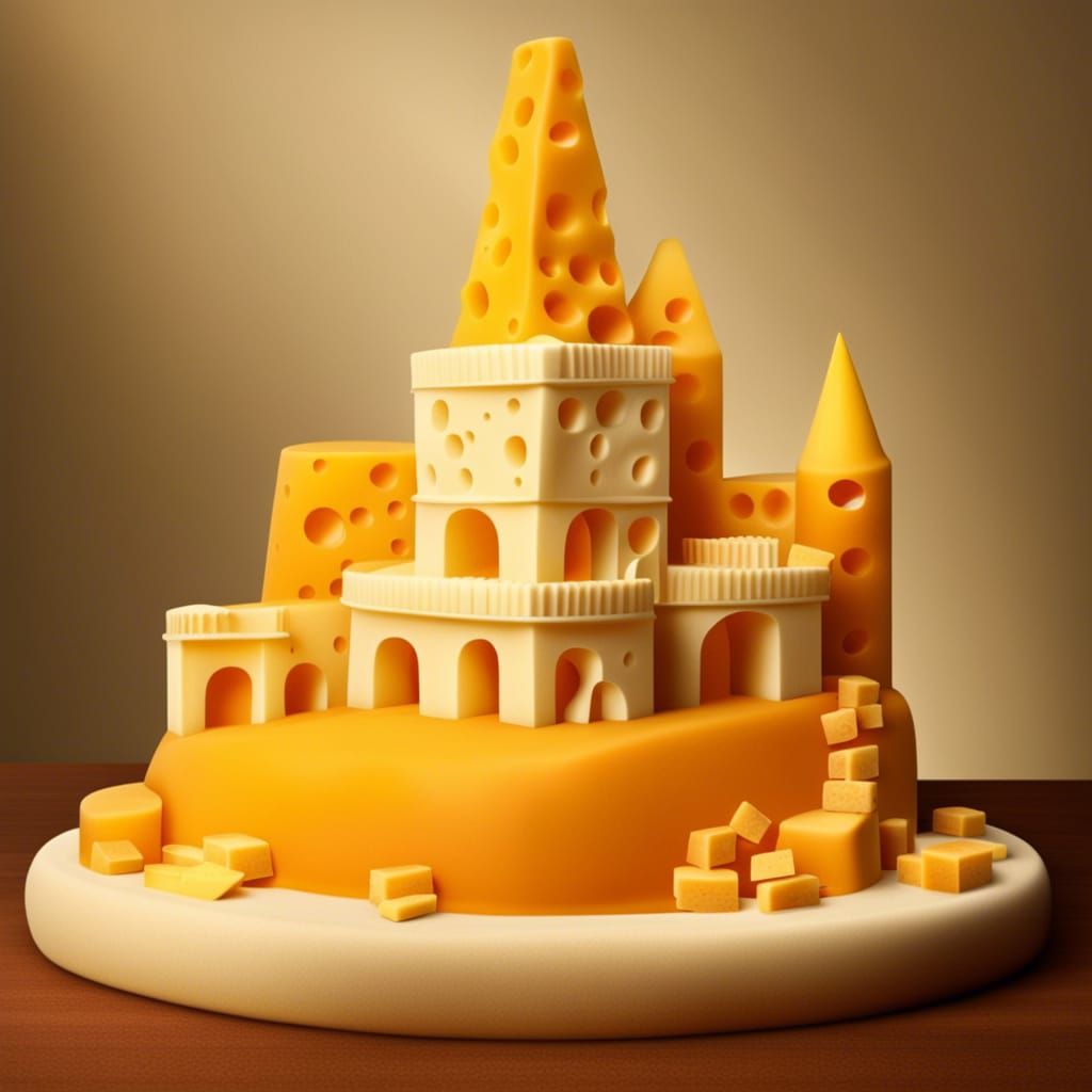 Design a scene or object made entirely of cheese, be it a cheddar ...