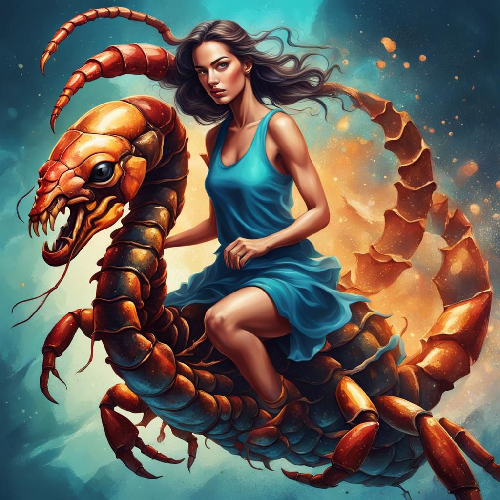 Horoscope,Zodiac sign. Beautiful young woman riding a big scorpion ...