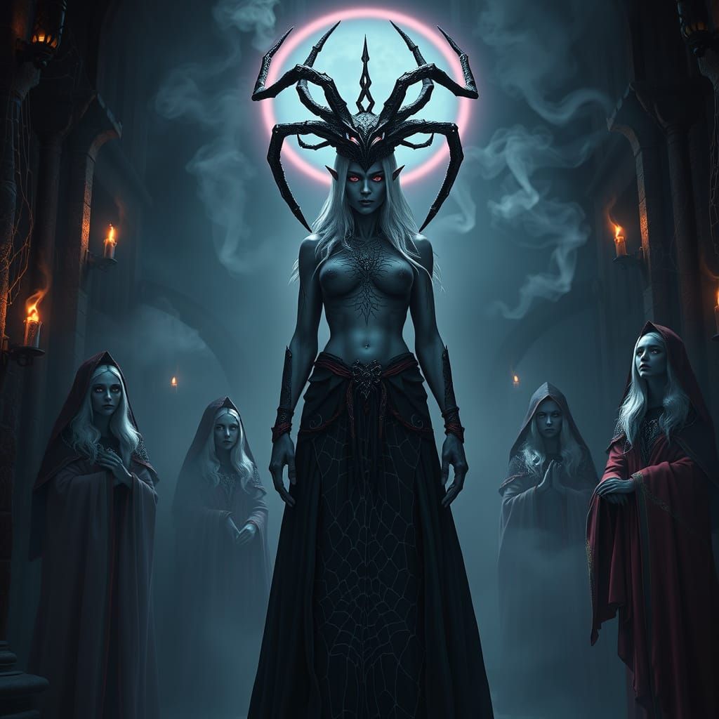 A Drow elf female, (shirtless:1.8) bare chested, she is a priestess of ...