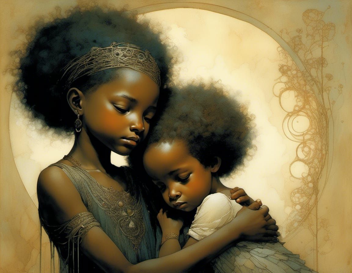 the cute black girl lovingly comforts her little brother, by Anne ...