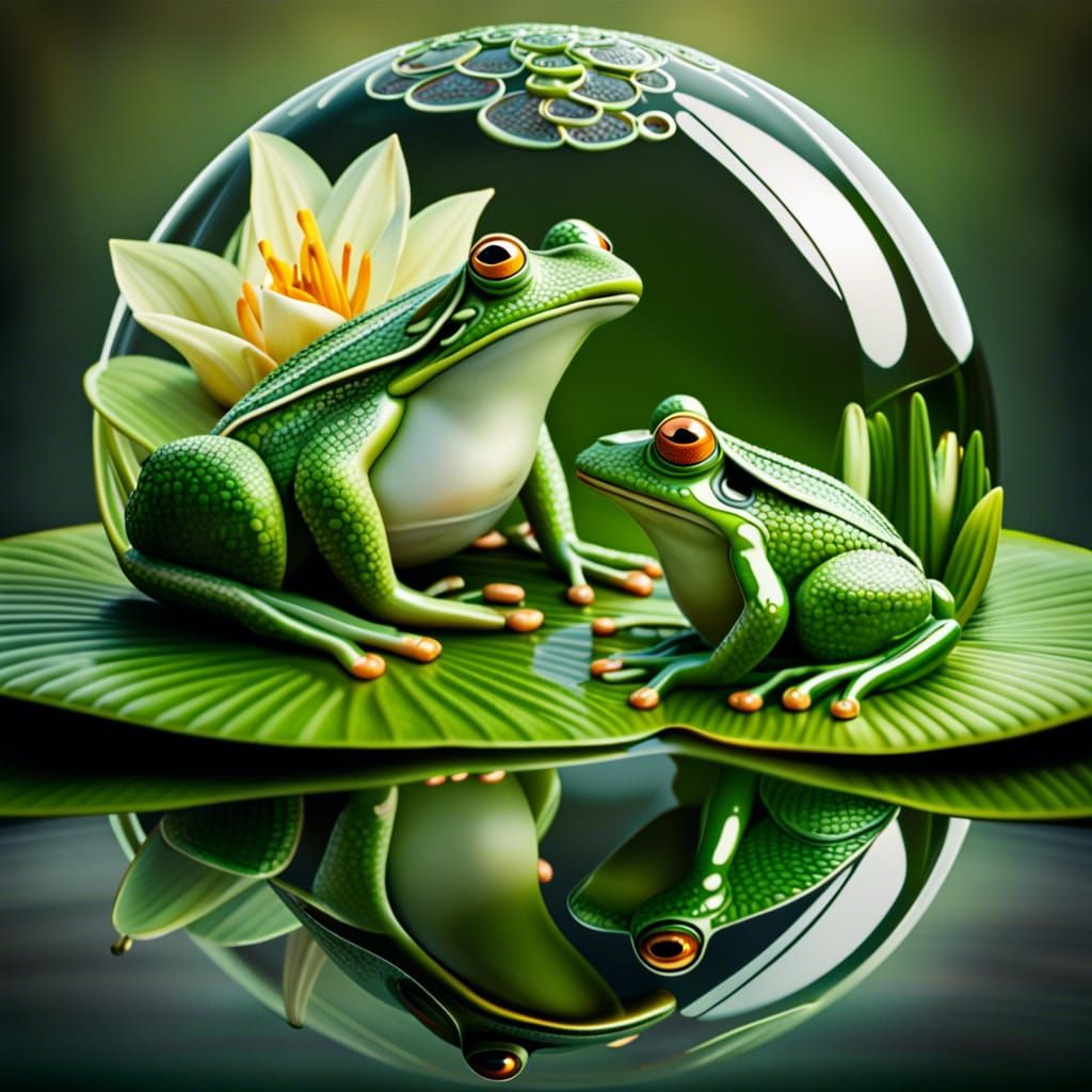 a glass sphere with a lily pad and two frogs in 3D intricate details ...