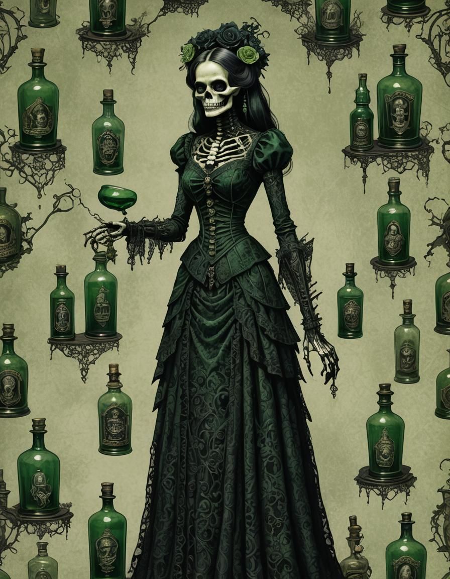 gothic dark green black lace victorian skeleton woman with poison ...
