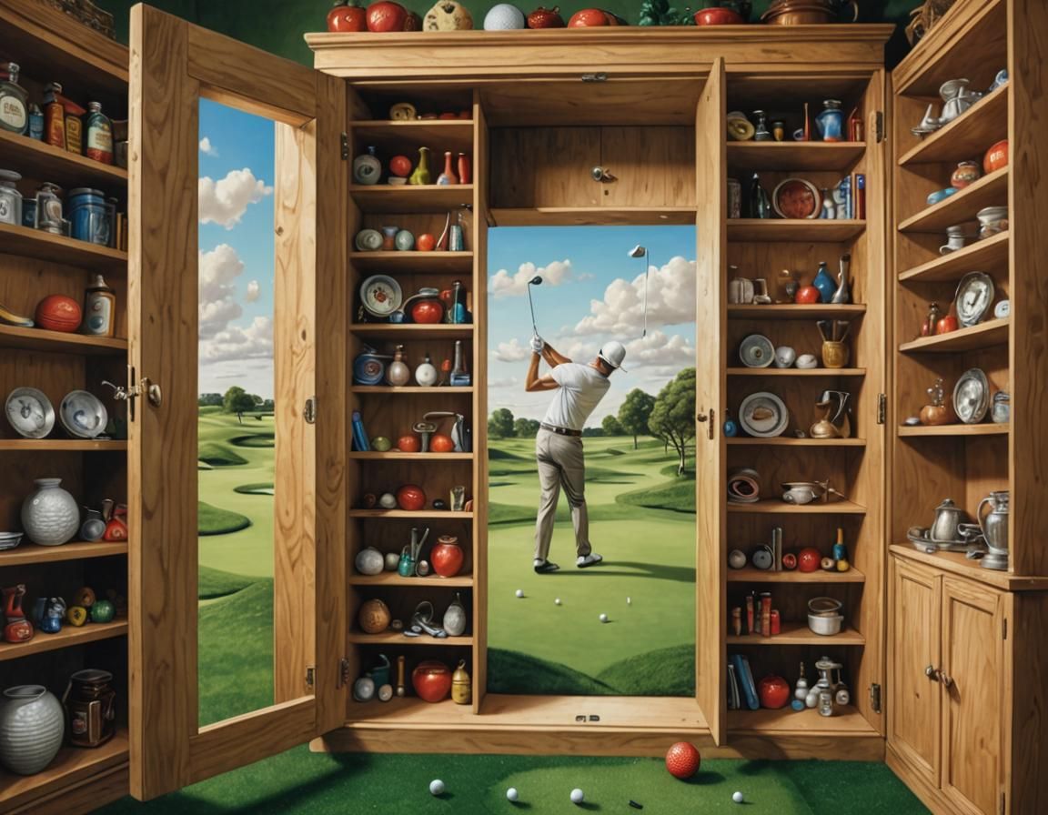 An open kitchen cupboard, inside the cupboard is a golf course, inside ...