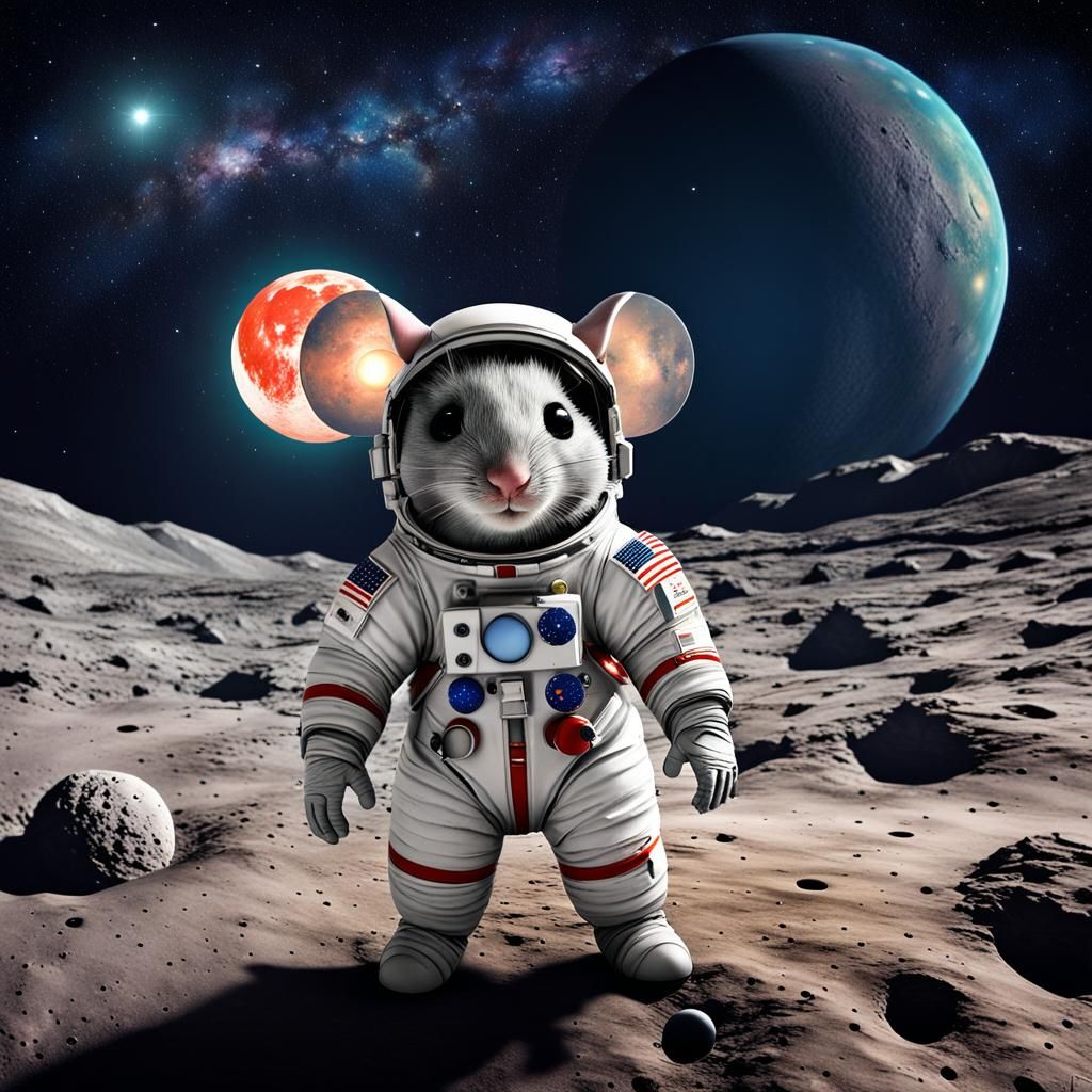 Photograph, hyperrealistic, chibi mouse in astronaut suit on the moon ...