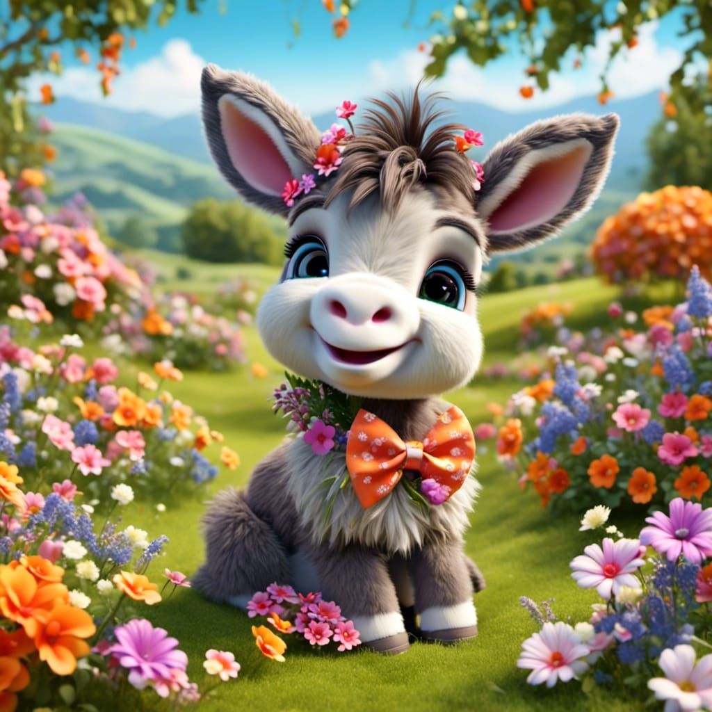 A (((cute little chibi baby donkey))) sitting in a (((beautiful green ...