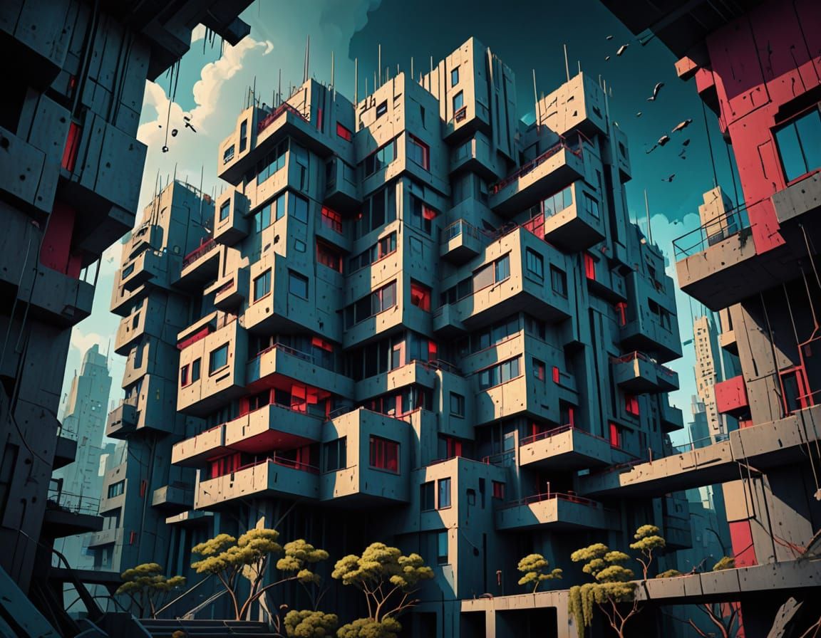 Modern Cubist Masterpiece with Distorted Brutalist... - AI Art