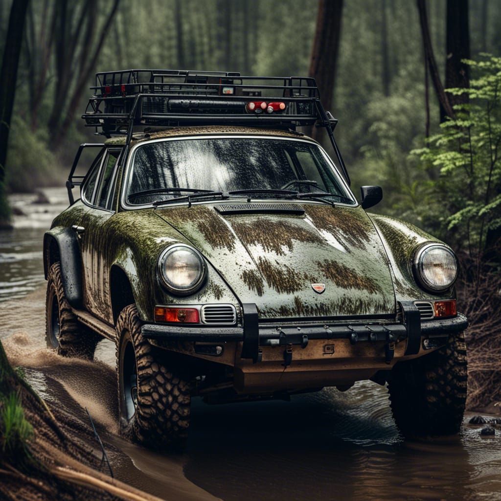 Porsche 911 safari overlander off road in the forest crossing stream at ...