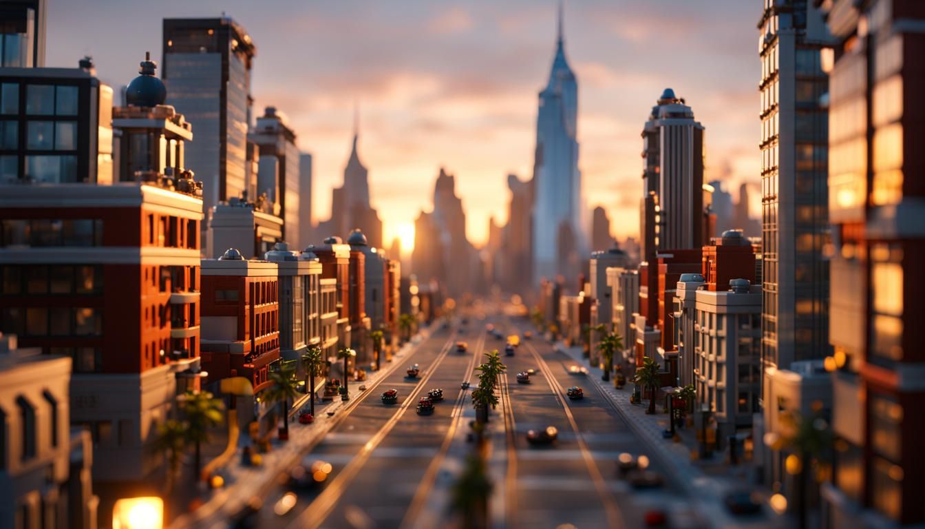 lego skyline street level view tall buildings sunset bokeh no vehicles ...