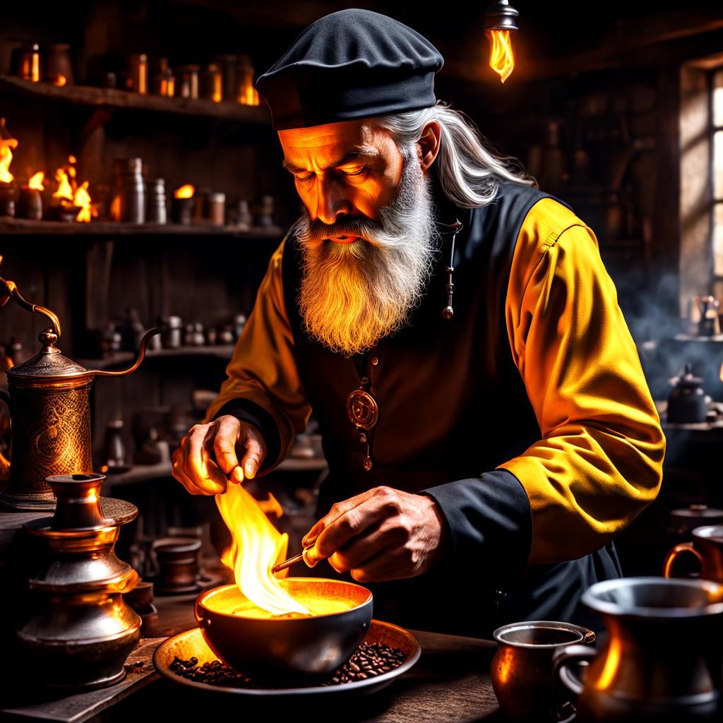extremely detailed depiction of an alchemist creating fire from a ...