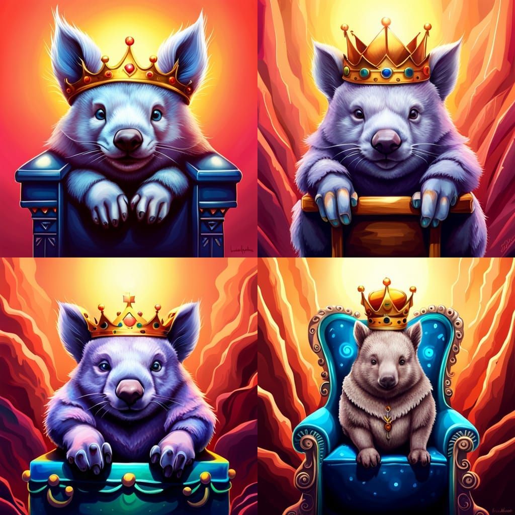 psychedelic, cute wombat wearing the kings crown, sitting on the kings ...