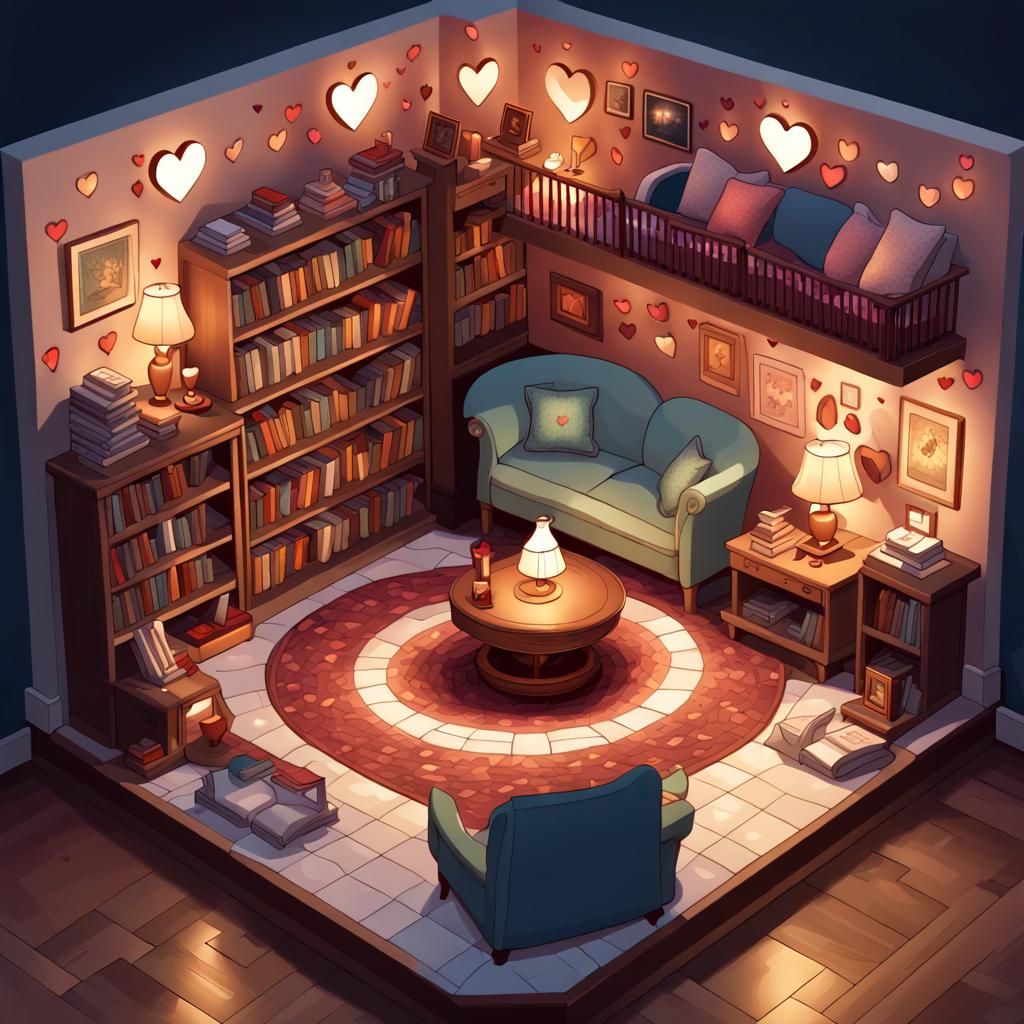 Isometric heart-themed library, cozy ambiance, bookshelves carved into ...