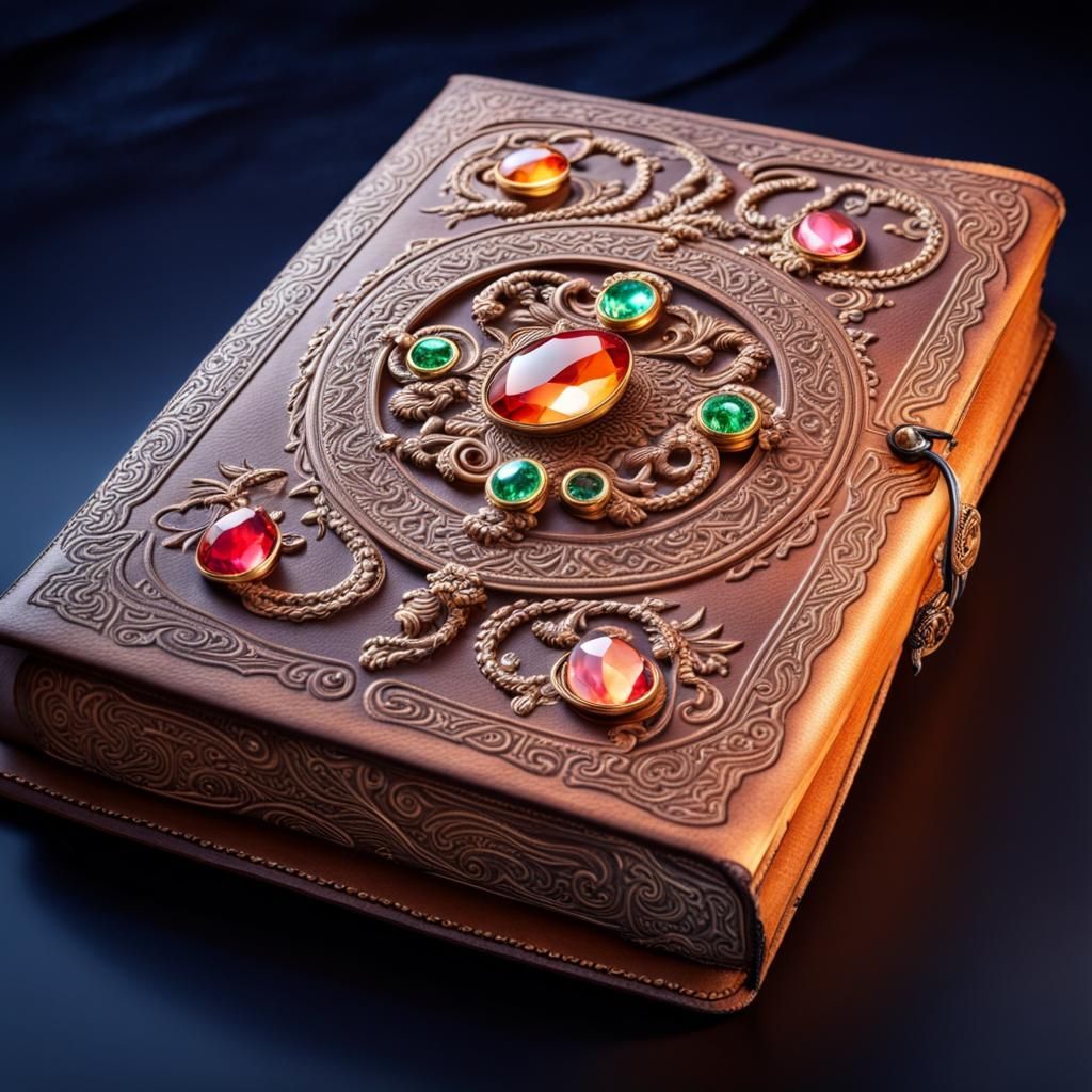 ornate embossed spell book, leather cover, gems, extreme detail, on ...