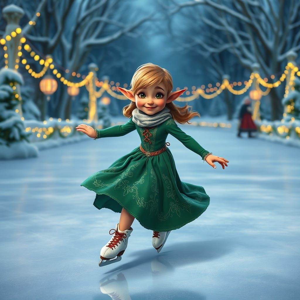 Female Elf child skating on an outdoor ice rink, w... - AI Art
