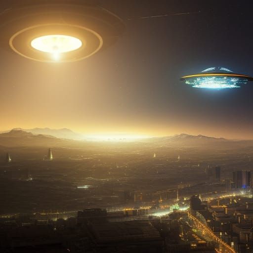 Extraordinary UFO flying over a night city, brilliant, epic, cinematic ...