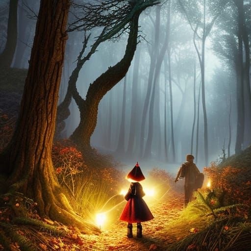 Hansel and Gretel running home through the woods. - AI Generated ...