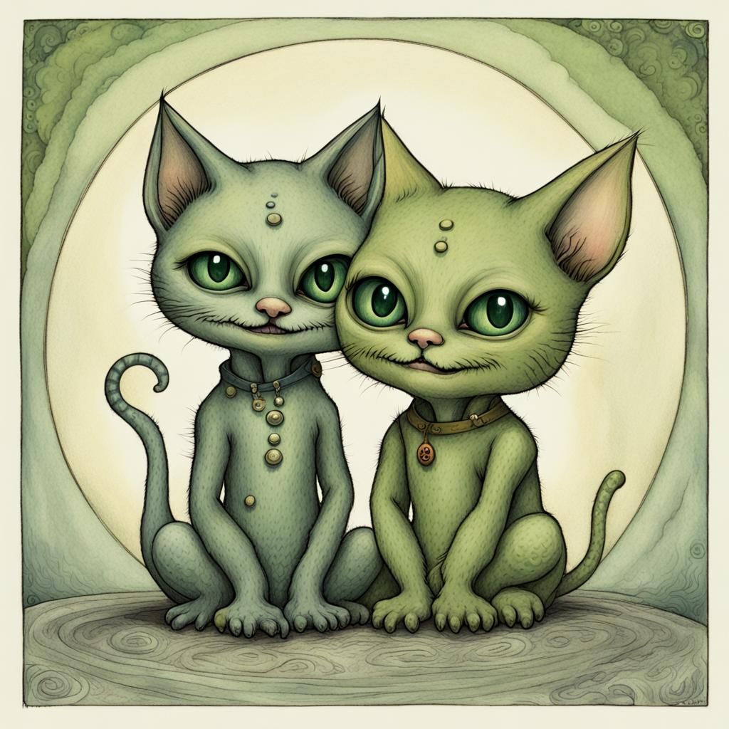 two smiling adorable chibi aliens playing a cute kitten