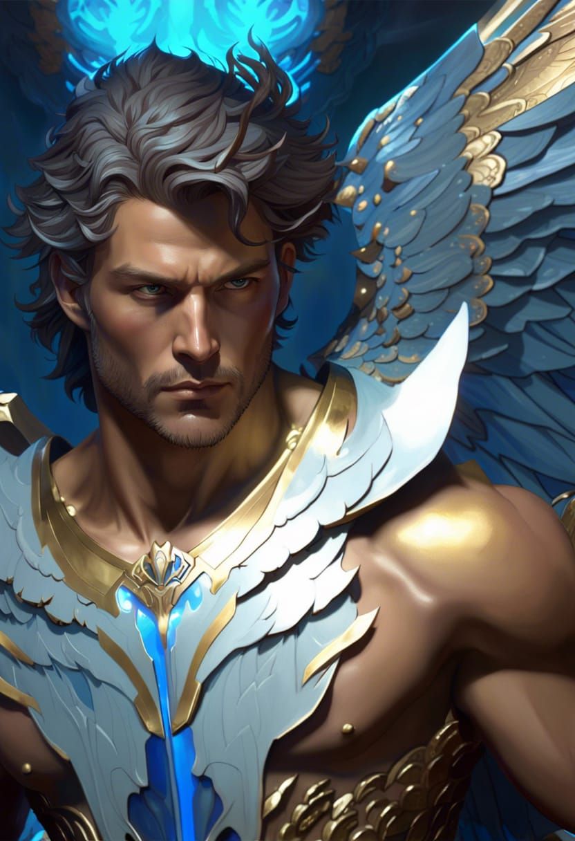 A beautiful male angel in golden blue armor 8k resolution concept art ...