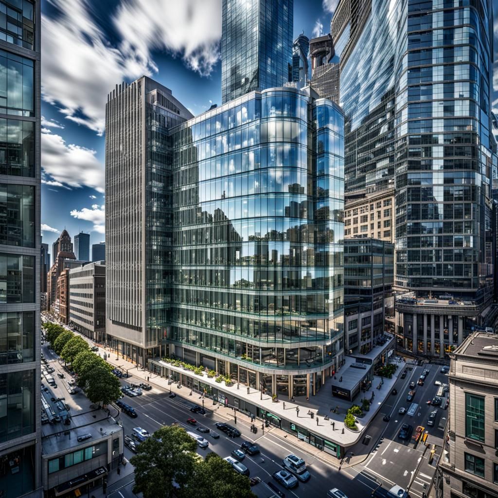 A modern office building downtown in a big city metropolis with ...