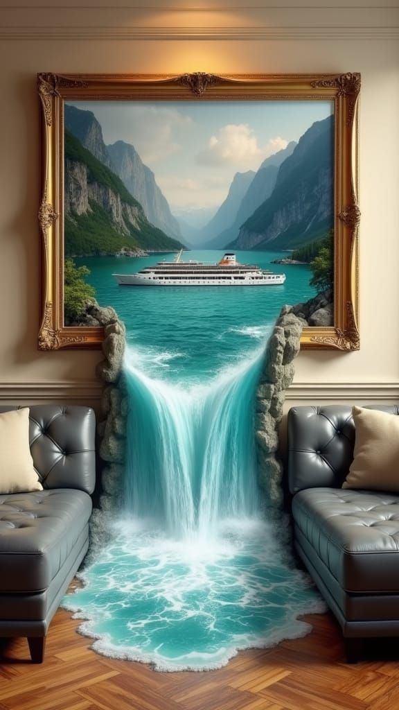 Surreal Waterfall Art Installation With Ship - AI Art