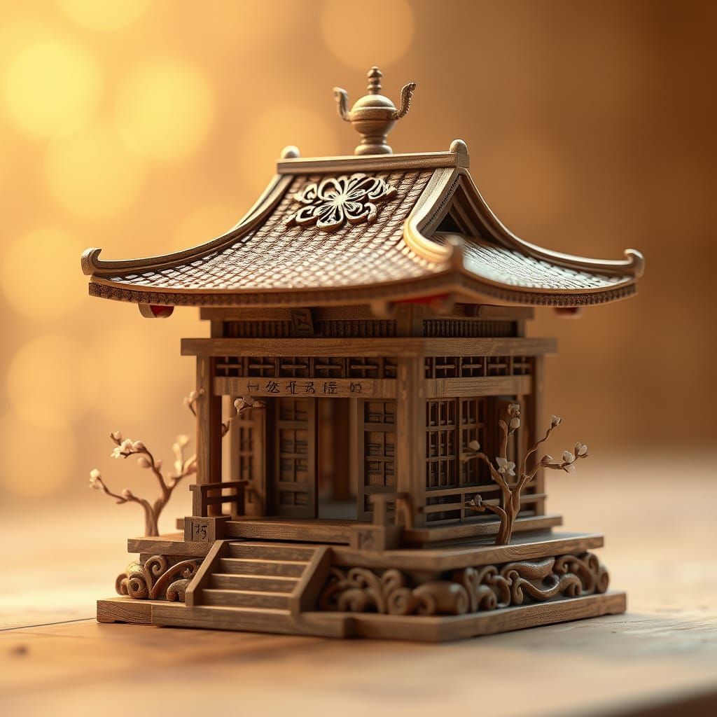 A miniature japanese temple-sculpture made from wood