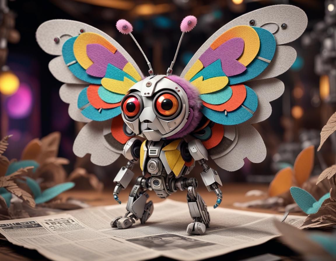 Chibi Mecha-Moth Cyborg on Surreal Stage - AI Art