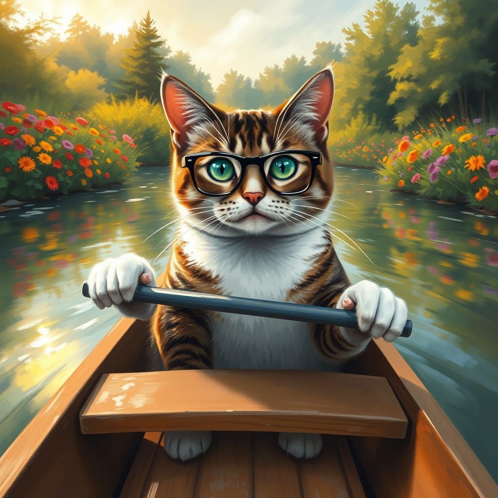 Boat is on the river with cat - Cat Paddles Wooden Boat Down...