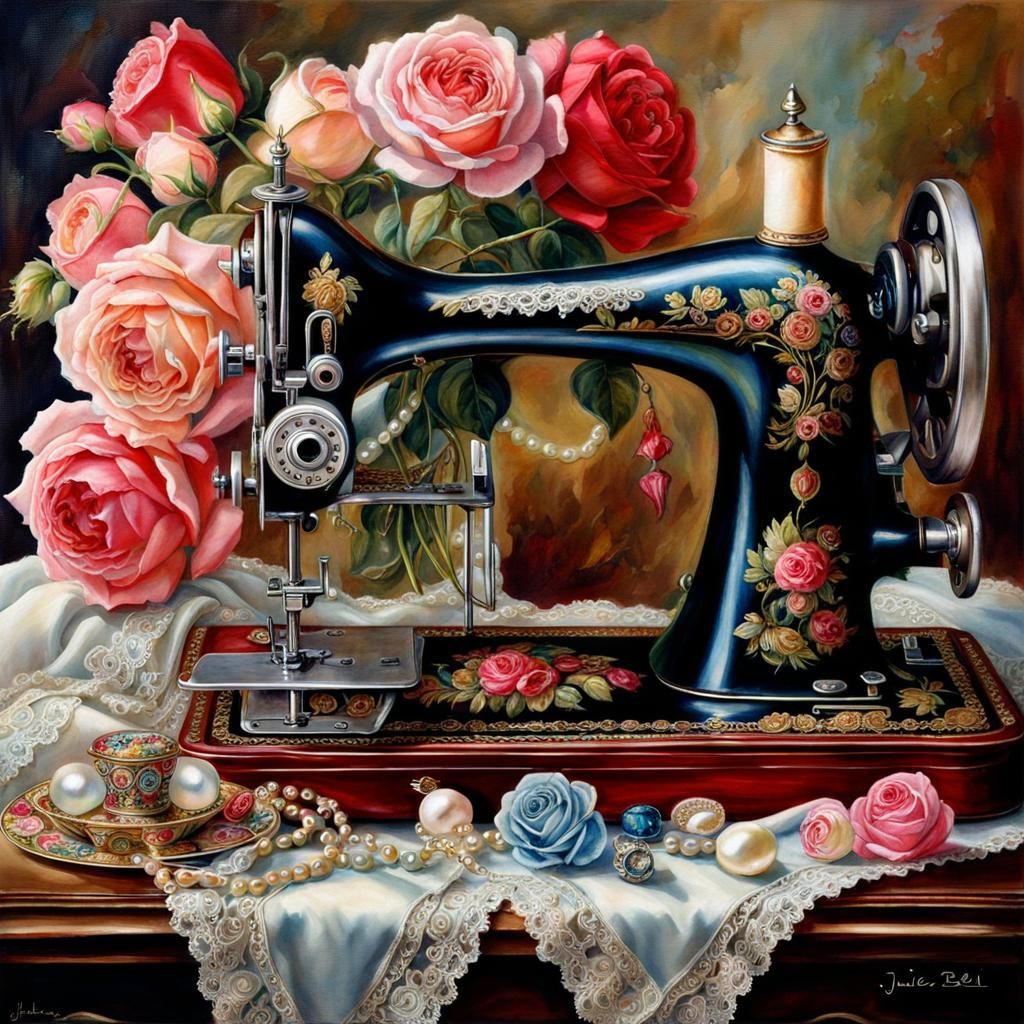 Beautiful Still Life of Vintage Technology Sewing Machine and Roses ...