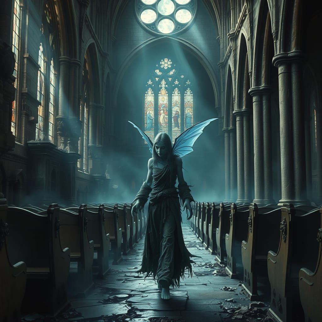 Bioluminescent Fey in Decaying Gothic Cathedral - AI Art