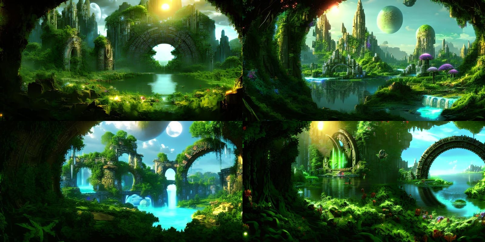 A photo-realistic lush jungle, vast alien city ruins a stargate opening ...