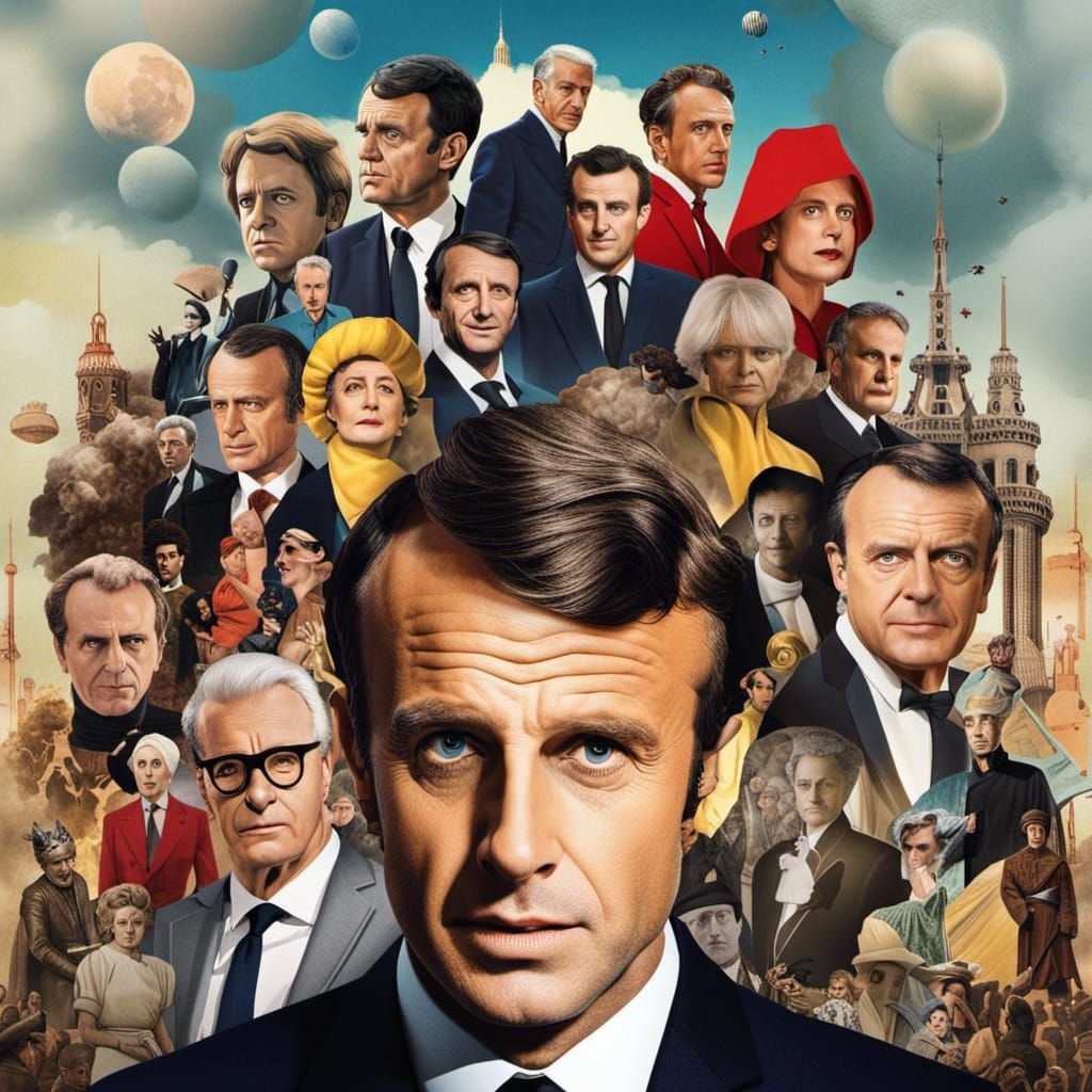 A dreamlike surrealistic collage of Emmanuel Macron's iconic characters ...