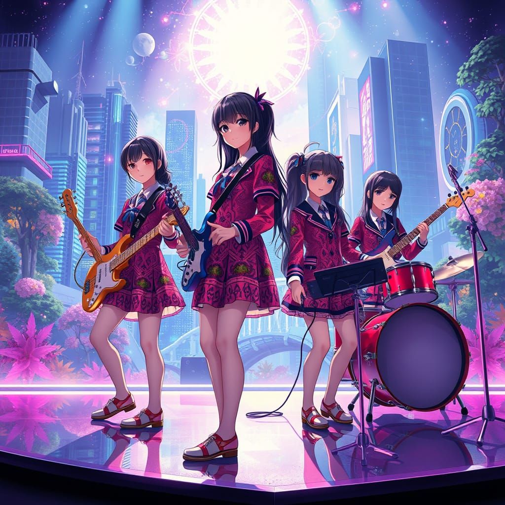 Japanese Schoolgirl Rock Band Performs Under Neon ... - AI Art