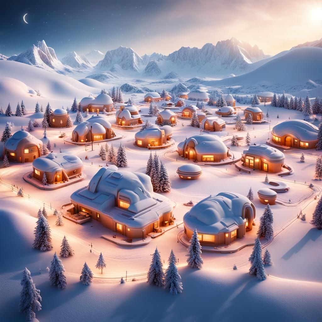 Futuristic snow villages with trees and mountains on Mars - AI ...