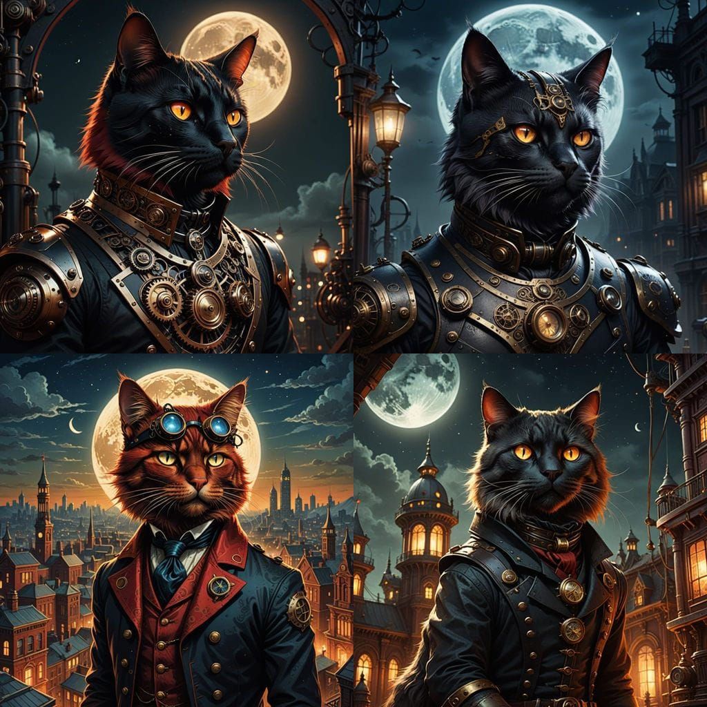 Steampunk Cat in Lunar Reflections - AI Art
