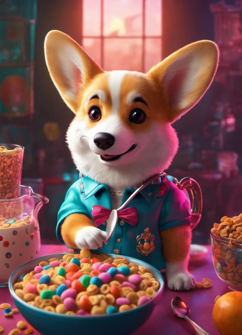 Anthropomorphic corgi eat a bowl of cereal with spoon, detailed matte ...