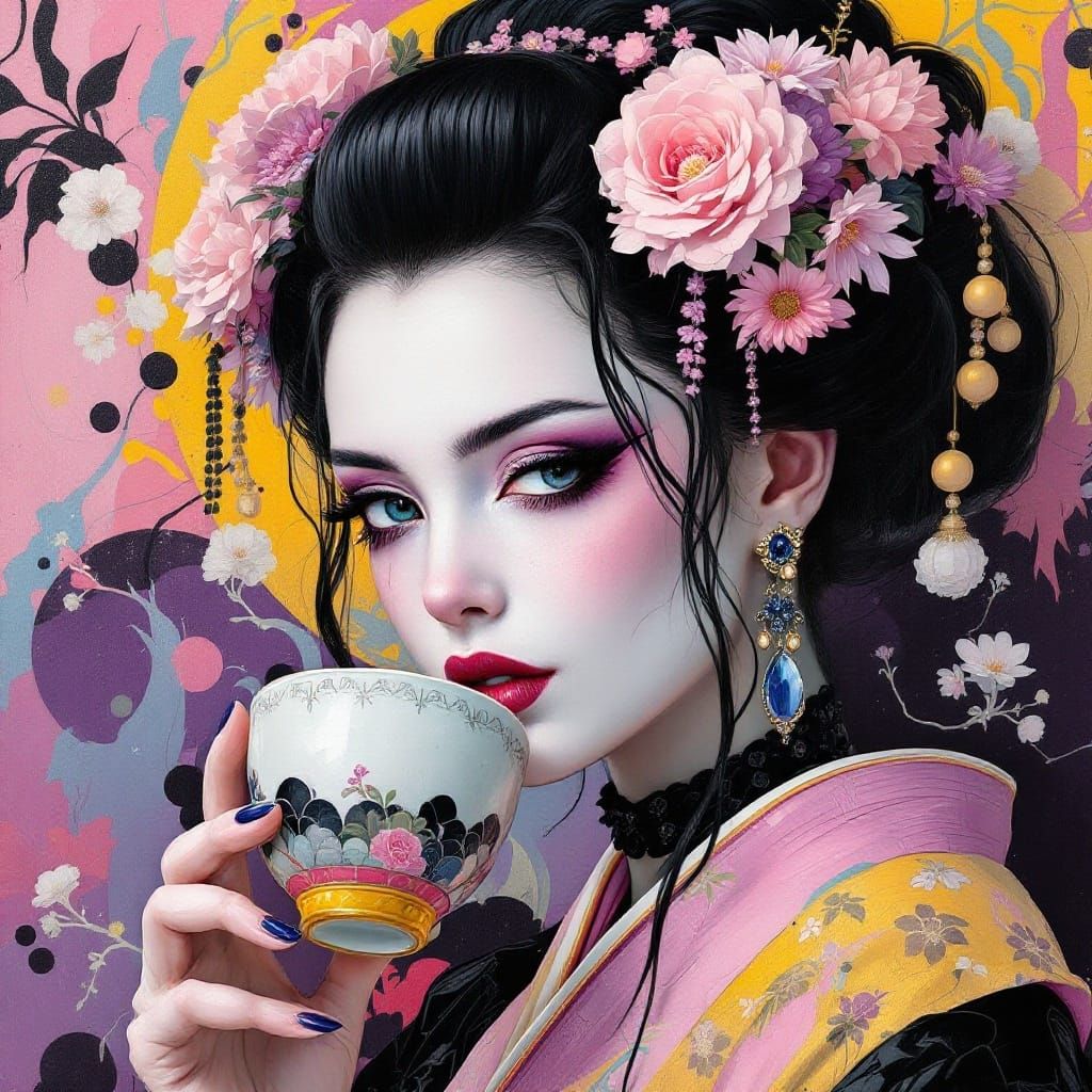 Portrait of a gothic Geisha drinking some tea