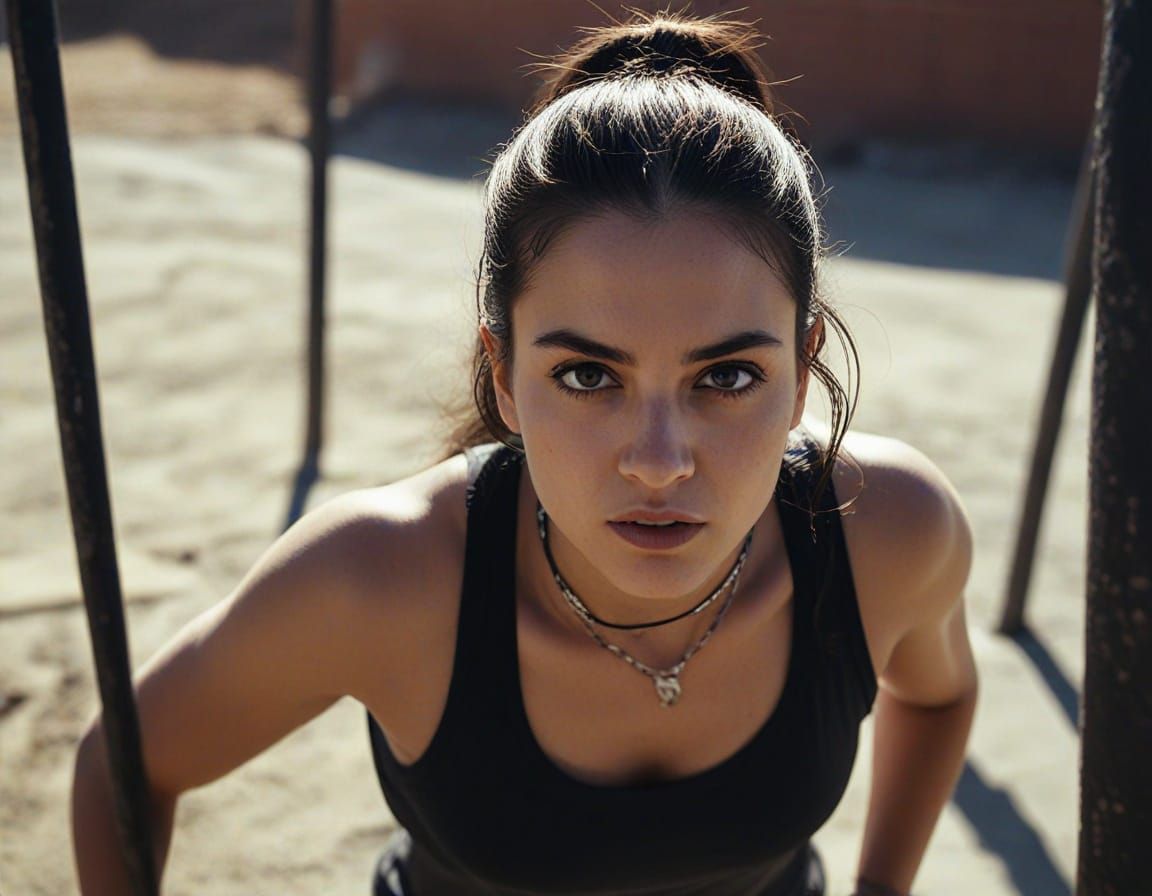 Young stocky female with long black hair tied back, dark hairy eyebrows ...